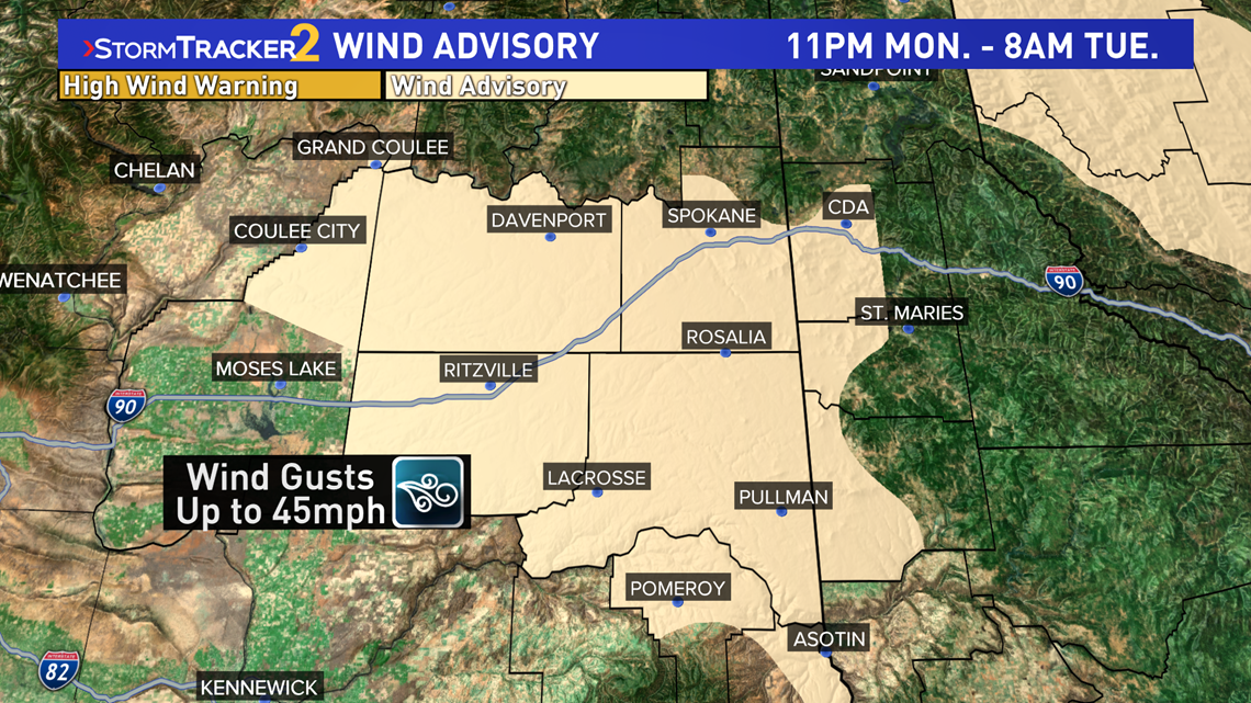 Wind Advisory issued for 45 mph winds Tuesday morning in Spokane | krem.com