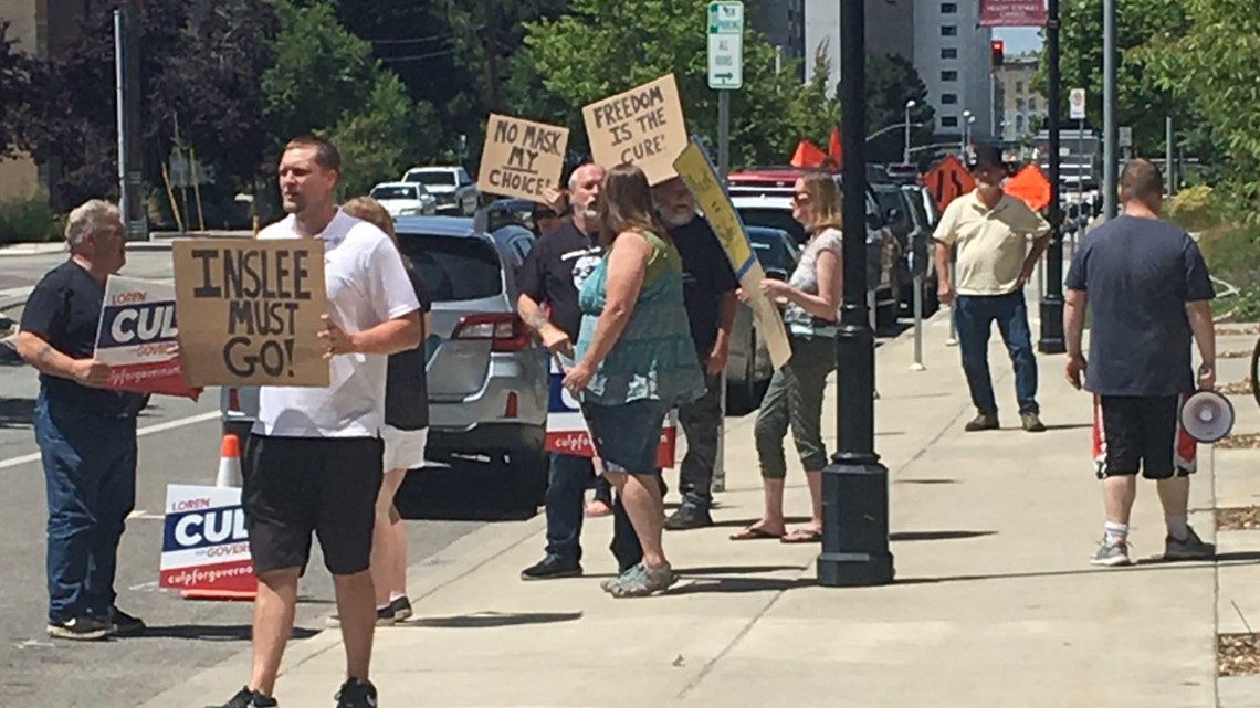 Spokane protesters rally against face mask mandate during Gov. Inslee's ...