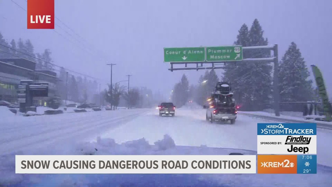 A look at road conditions in Couer d'Alene as snow falls on Wednesday ...