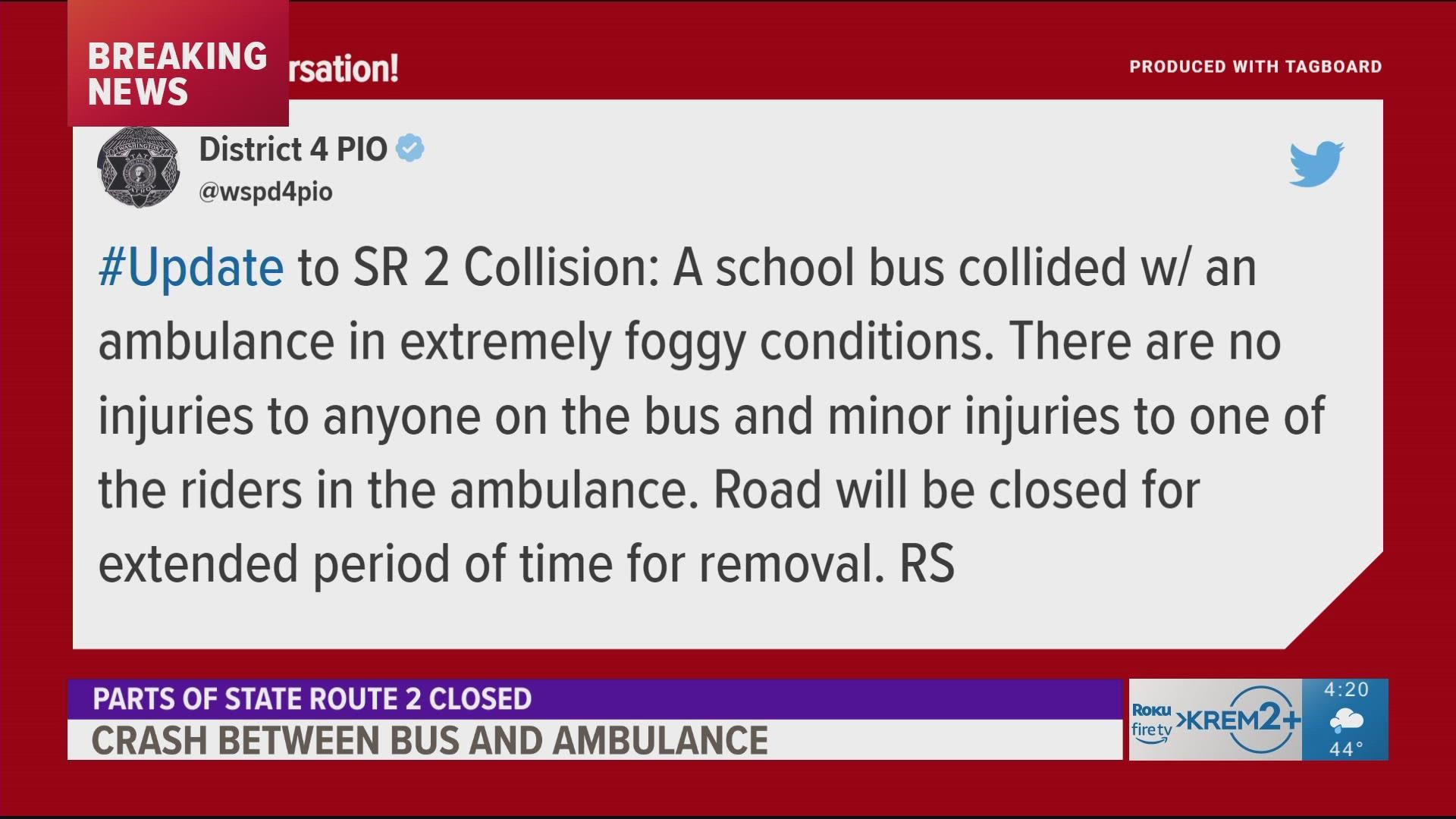 SR 2 blocked due to crash involving school bus and ambulance | krem.com