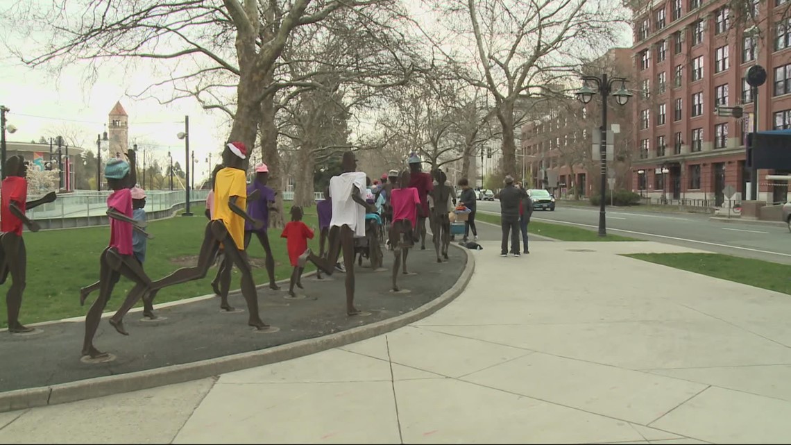 Riverfront Park statues in downtown Spokane getting ready for Bloomsday ...
