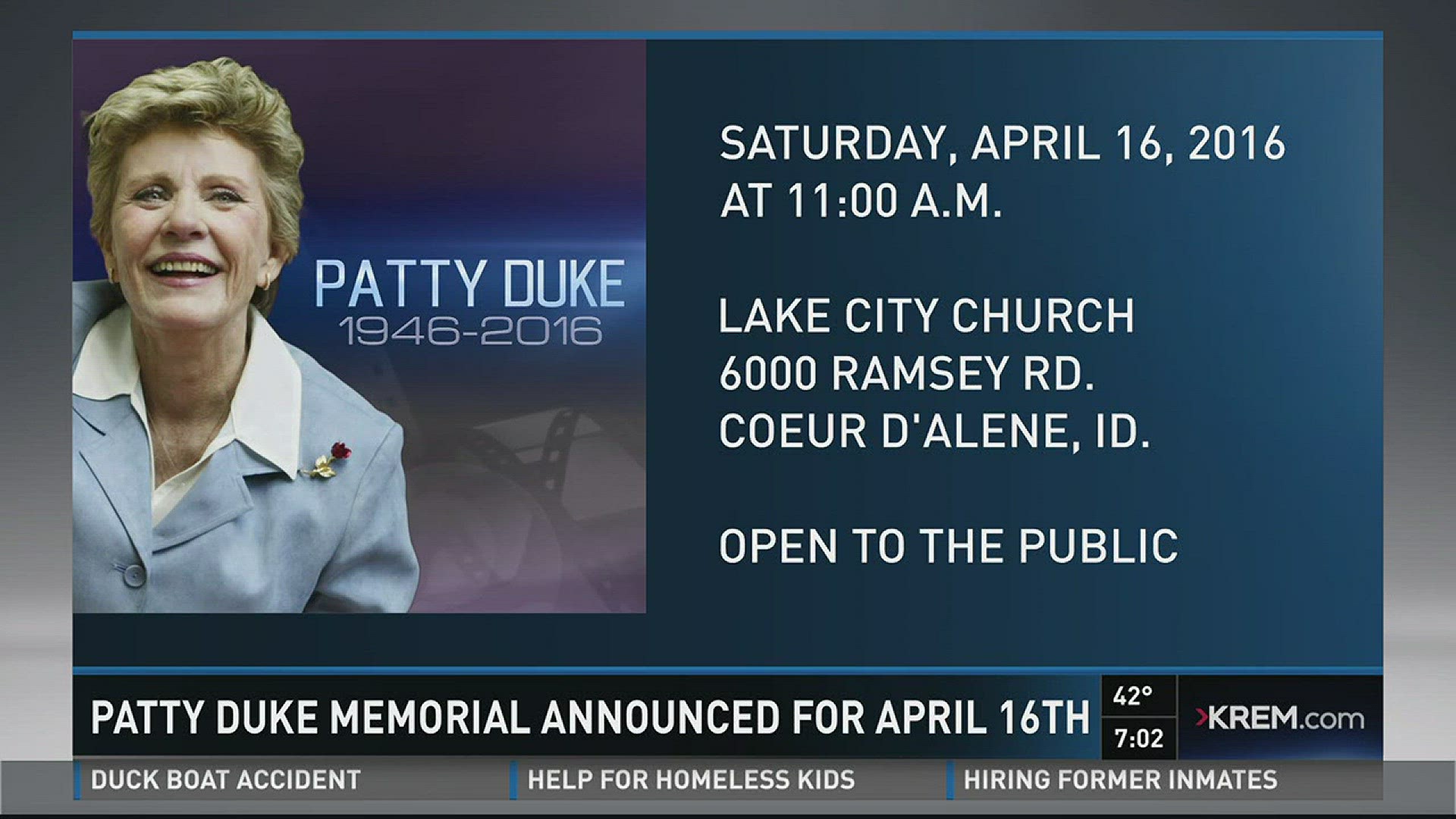 Patty Duke's memorial announced in N. Idaho | krem.com