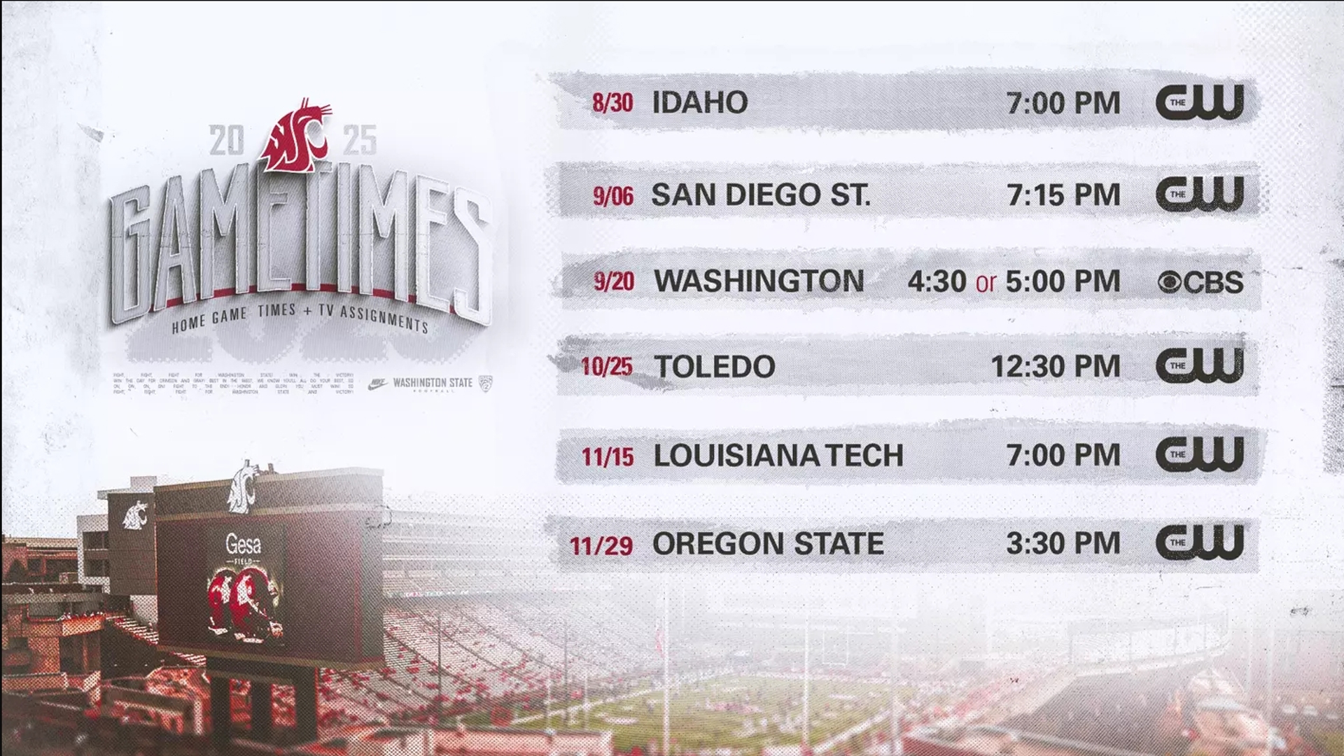 Seven WSU Football games to air on KREM 2 and KSKN 22 in 2025 | krem.com