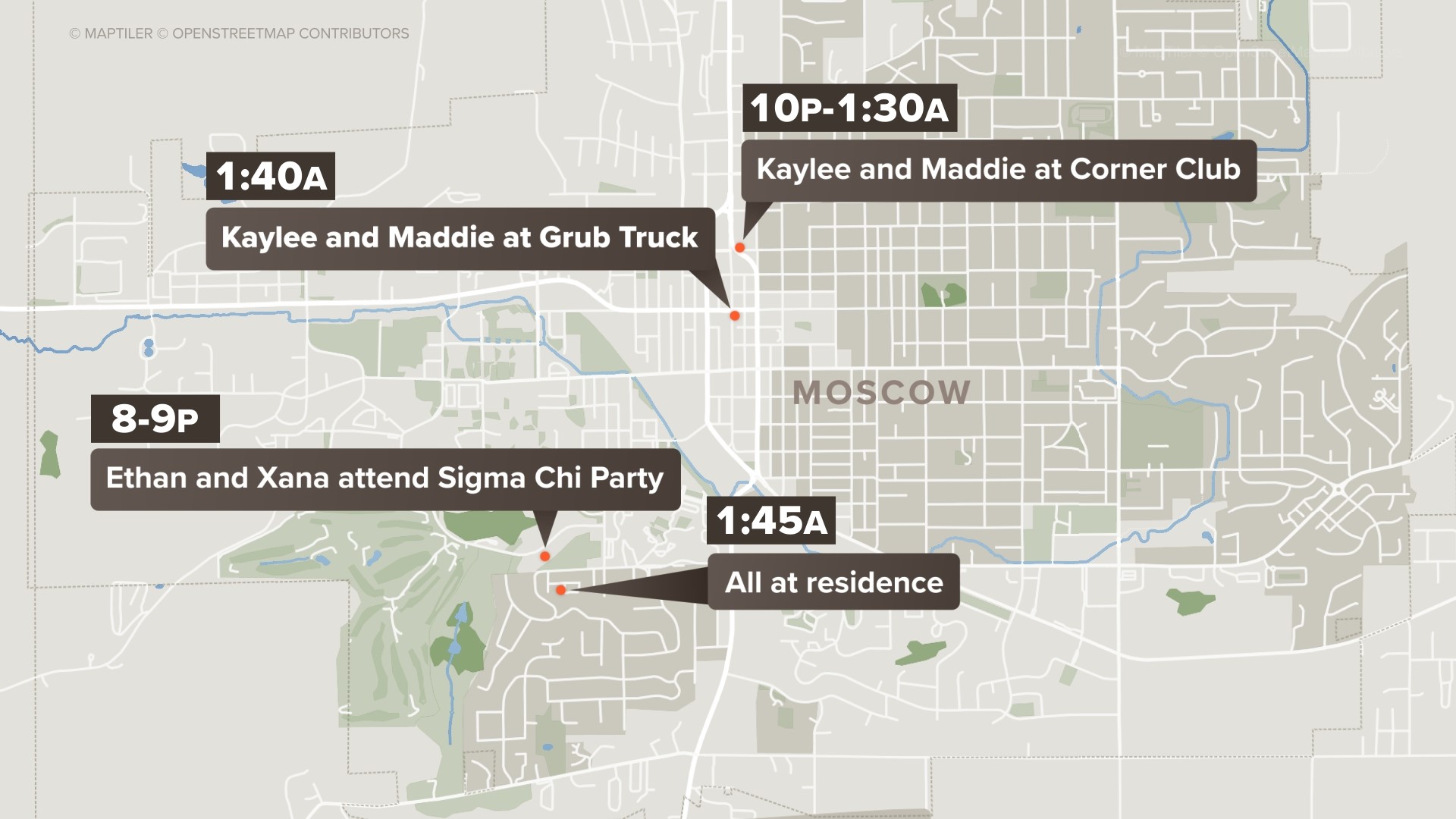 Timeline: Police detail last stops of 4 U of I students killed | krem.com