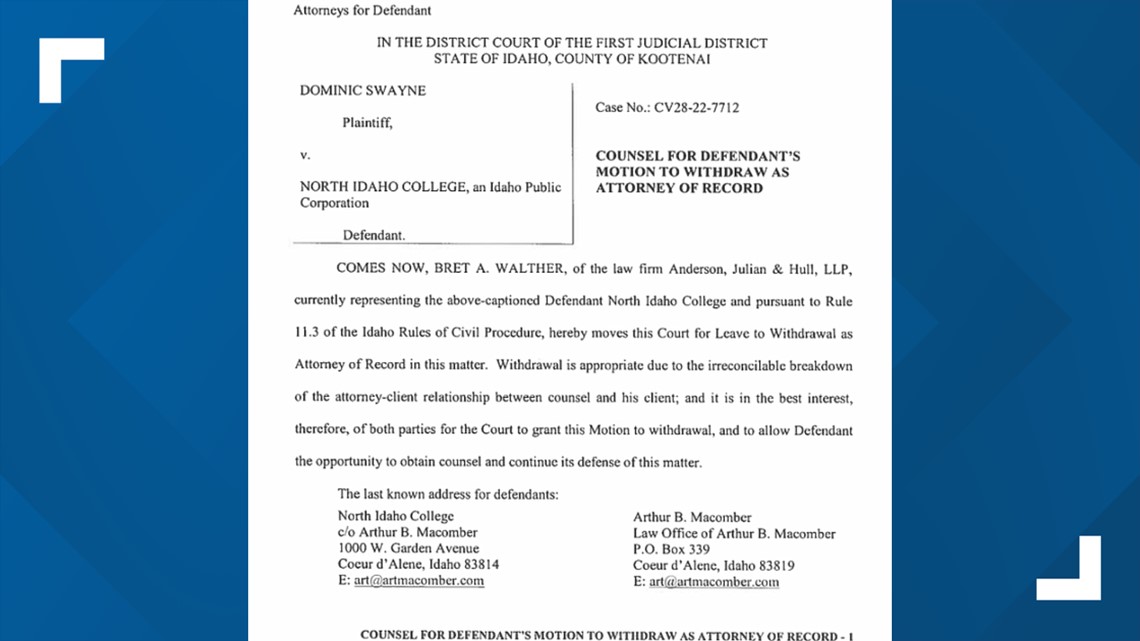 North Idaho College attorney withdraws from Swayne lawsuit | krem.com