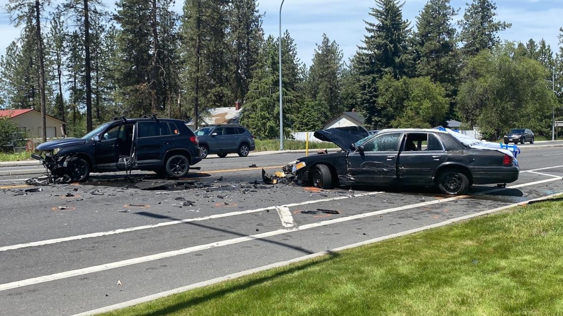 Road reopen following three-car collision after police pursuit near Mead | krem.com