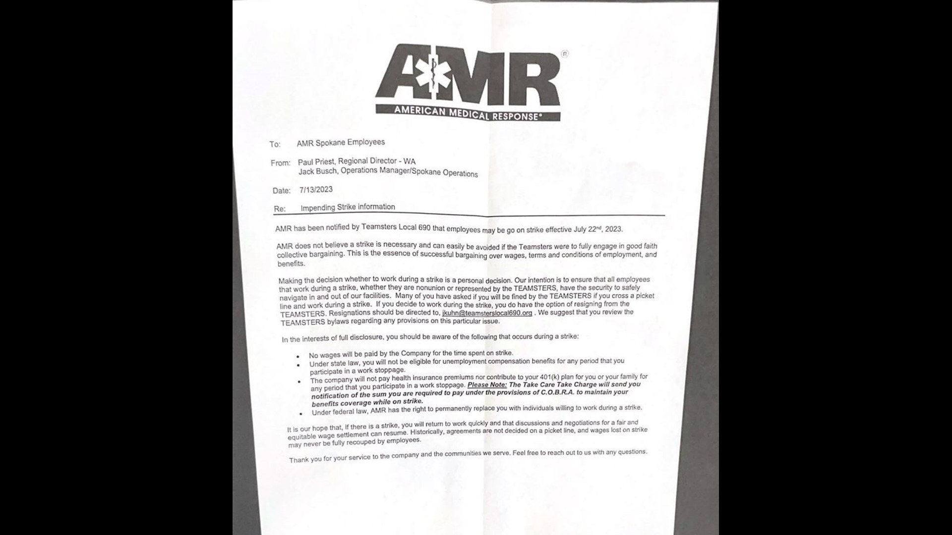 Spokane ambulance workers announce strike date, AMR issues warnings and ...