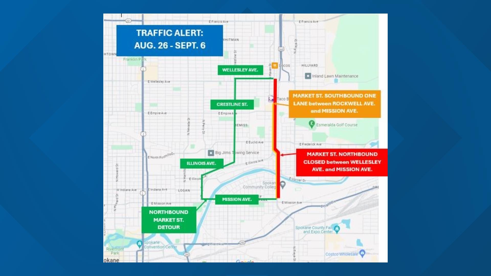 Parts of Market Street in Spokane closed for construction | krem.com